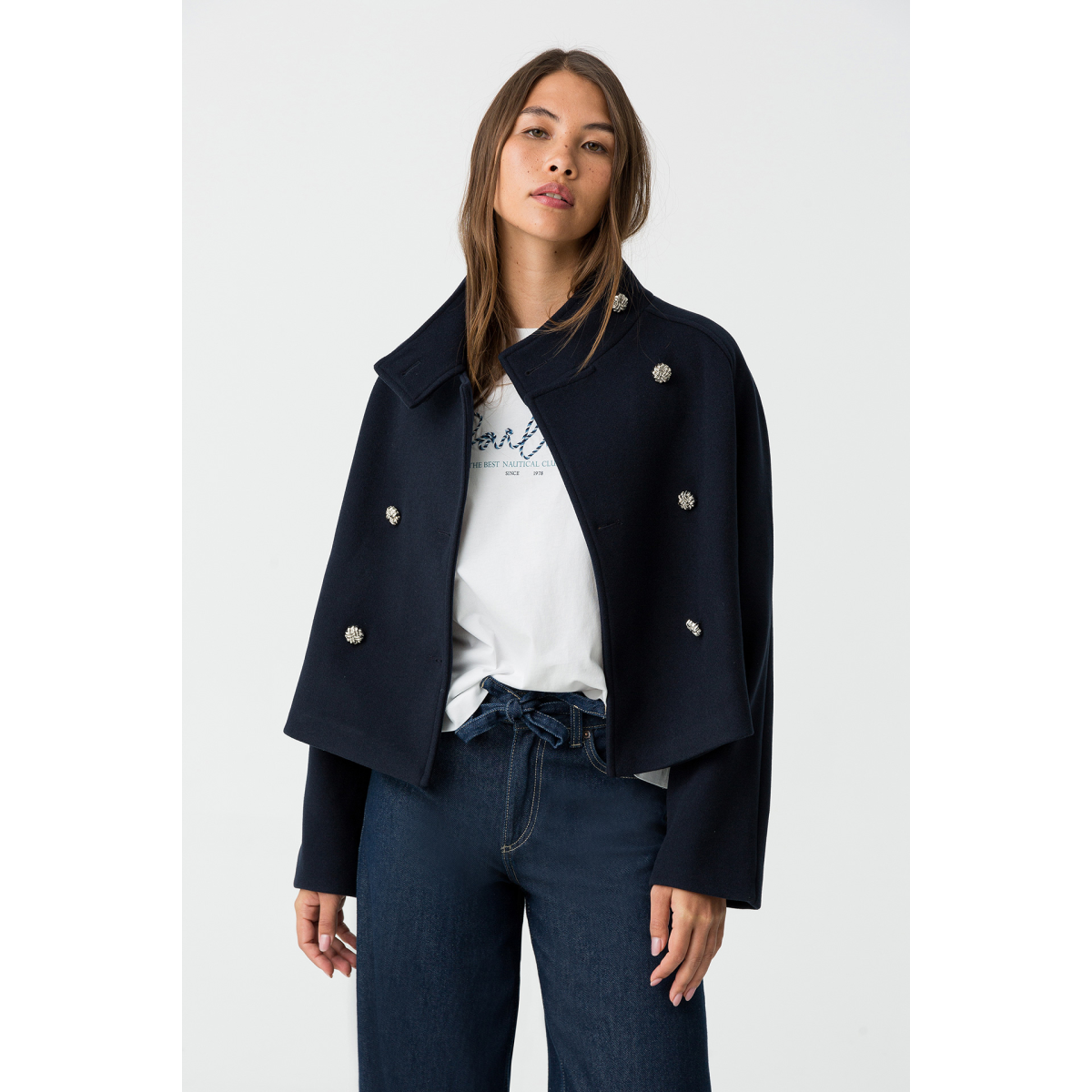 Short Double-Breasted Coat with Gem Buttons - 10061269_798 | Tiffosi
